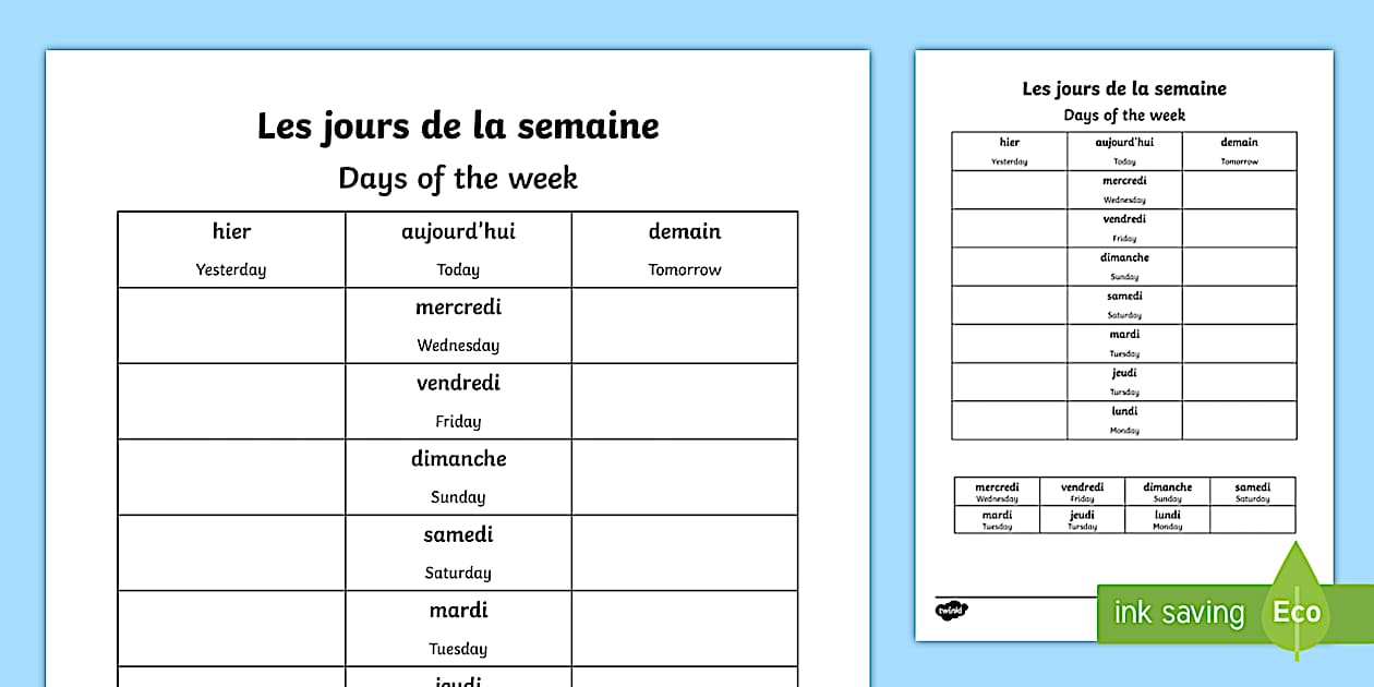 Worksheet : Days of the week - English/French (teacher made)