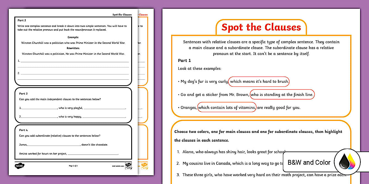 Spot the Clauses Activity Worksheet for 6th-8th Grade