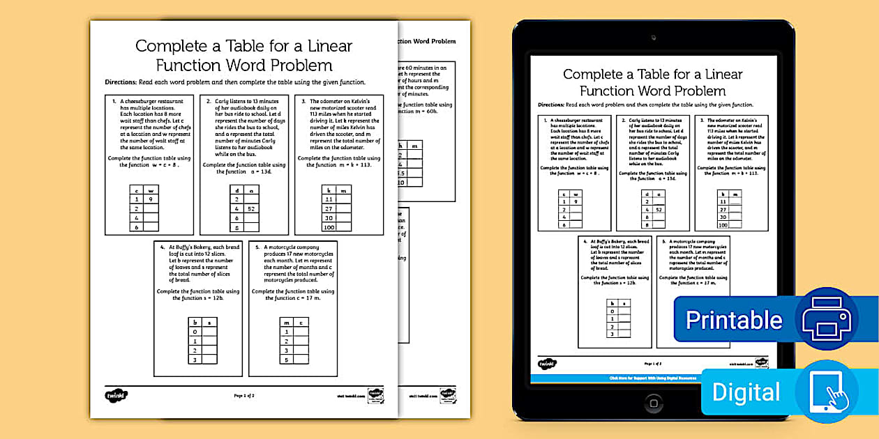 Eighth Grade Complete a Table for a Linear Function Word Problem