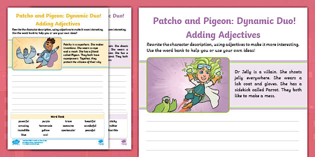 Editable Patcho and Pigeon: Dynamic Duo! Adding Adjectives Worksheets