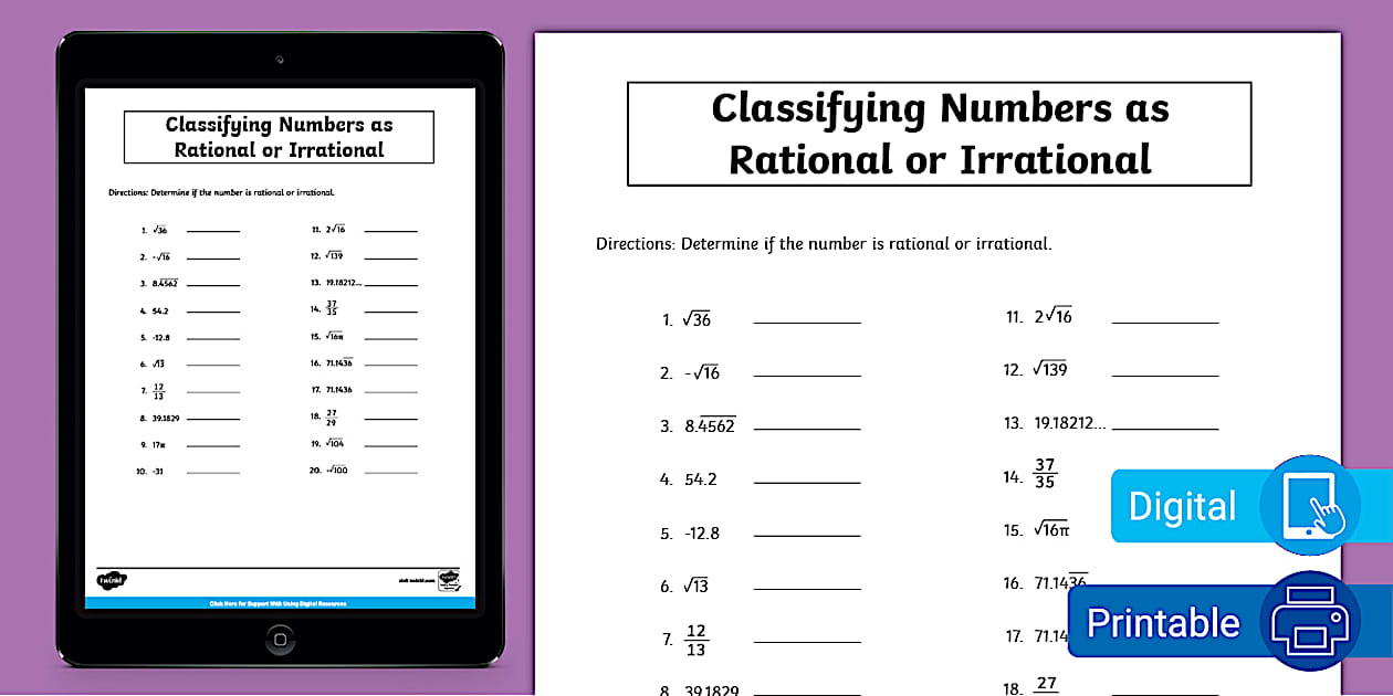 Eighth Grade Classifying Numbers As Rational Or Irrational Worksheet