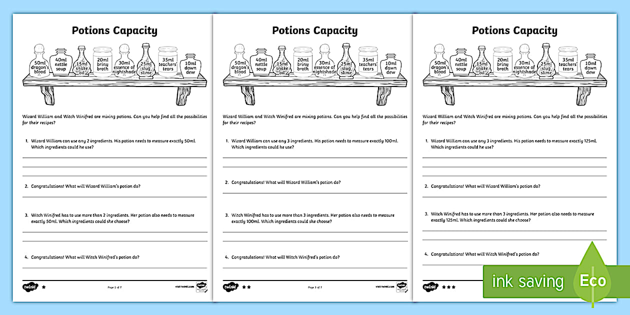 Potions Capacity Worksheet Pack (teacher made) - Twinkl