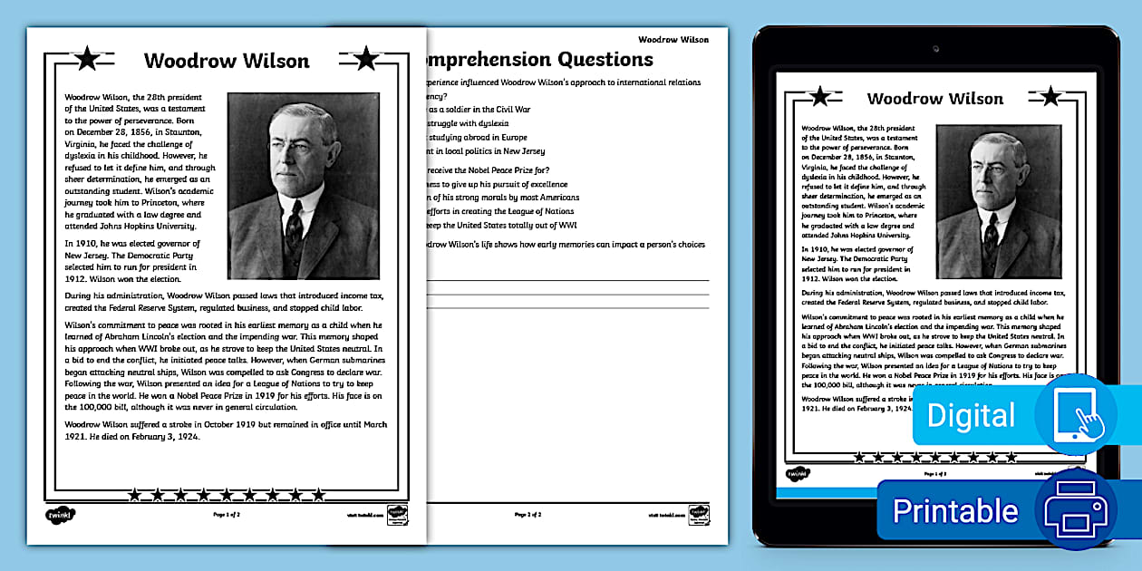8th Gr. Woodrow Wilson Reading Passage Comprehension Activity