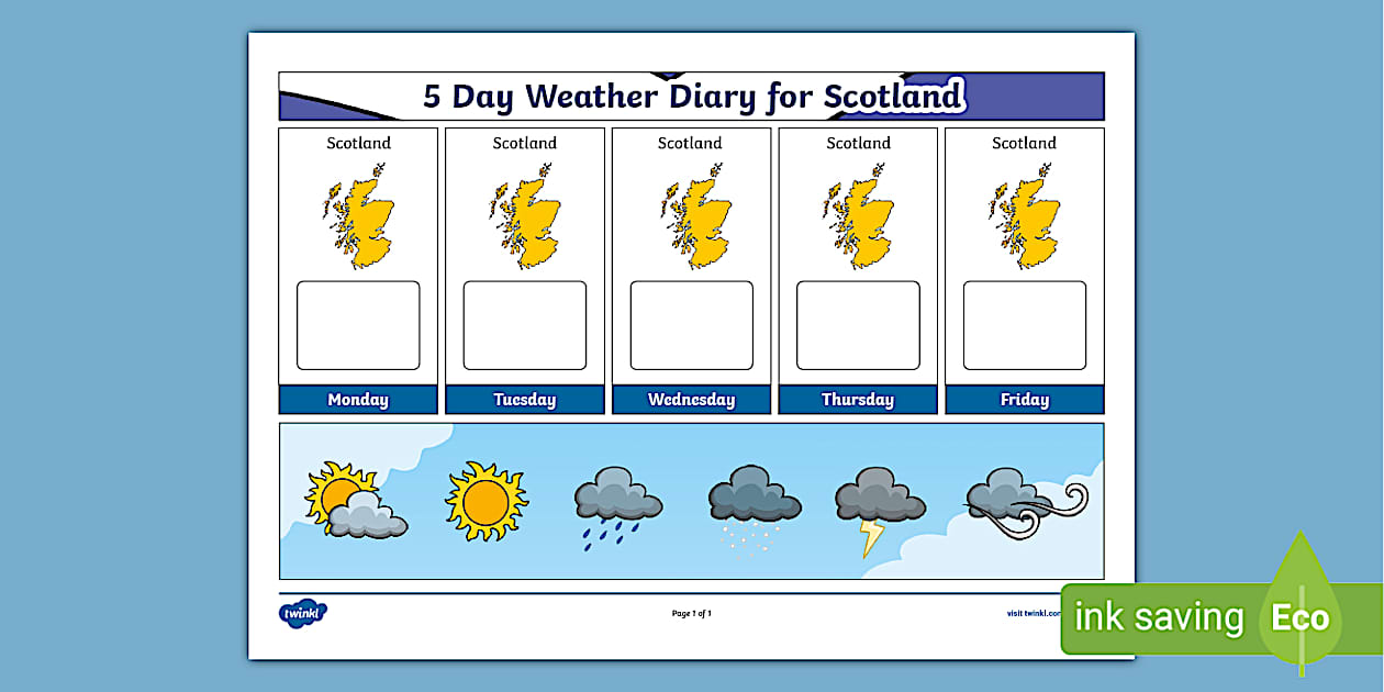5-Day Weather Diary for Scotland Activity Sheet - Twinkl