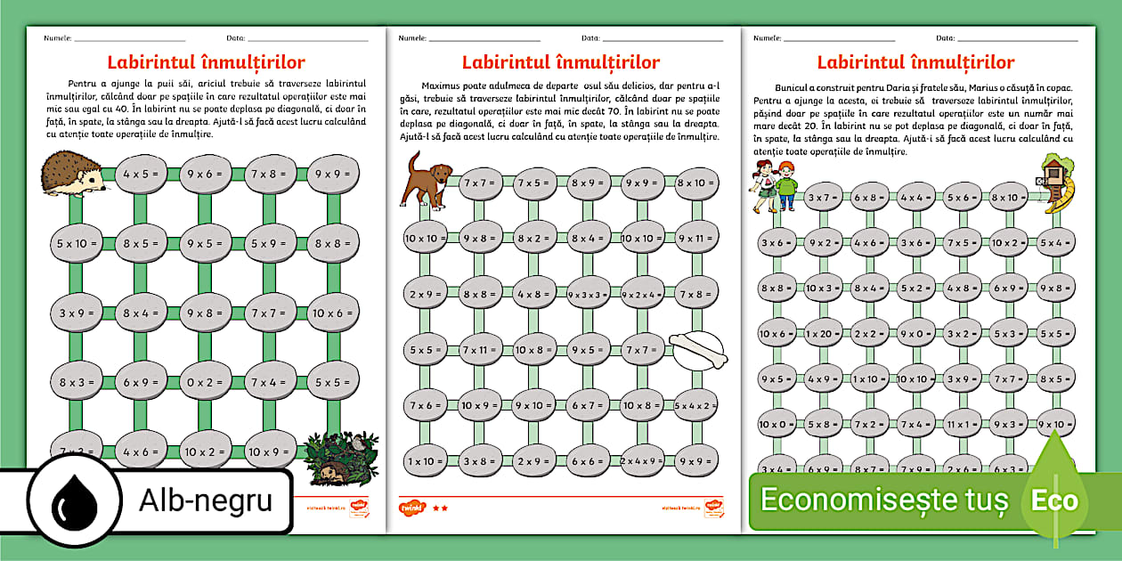 Labirintul înmulțirilor în concentrul 0-100 – Fișe de lucru