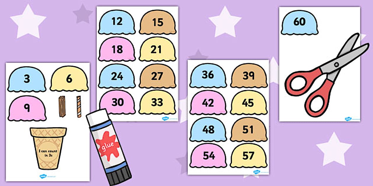 Counting in 3s Ice Cream Cone Ordering Activity - Twinkl