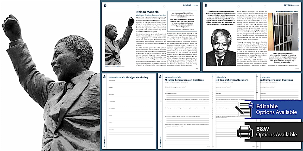 Nelson Mandela Abridged Reading Comprehension (teacher made)