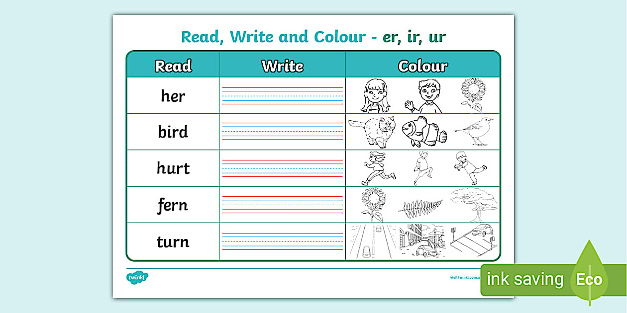 Editable Read, Write and Colour Activity - ir, er, ur