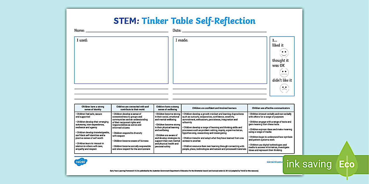 Tinker Table EYLF Self Reflection Writing Frames - Twinkl