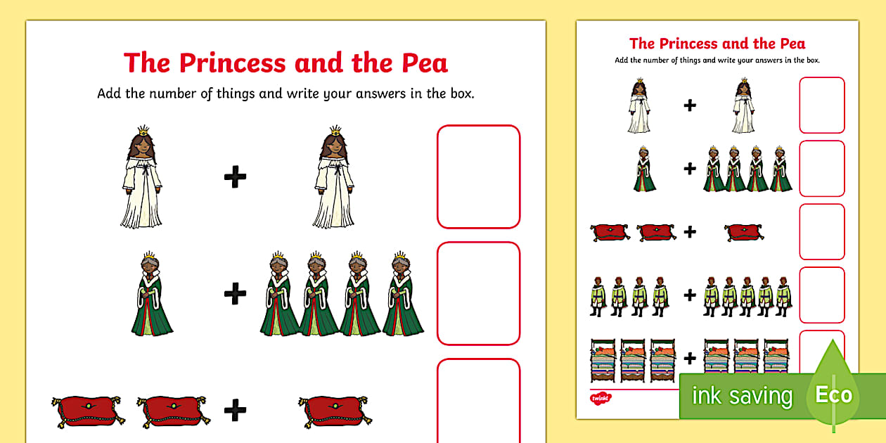 Black and White Princess and the Pea Addition Sheet - Twinkl