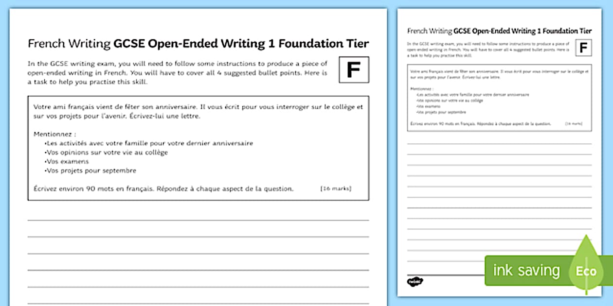 GCSE French Open Ended Writing 1 Foundation Tier Worksheet / Worksheet ...