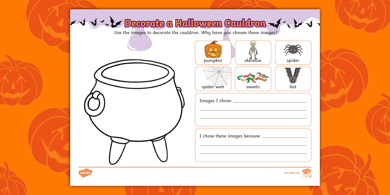Decorate a Halloween Cauldron Worksheet (teacher made)