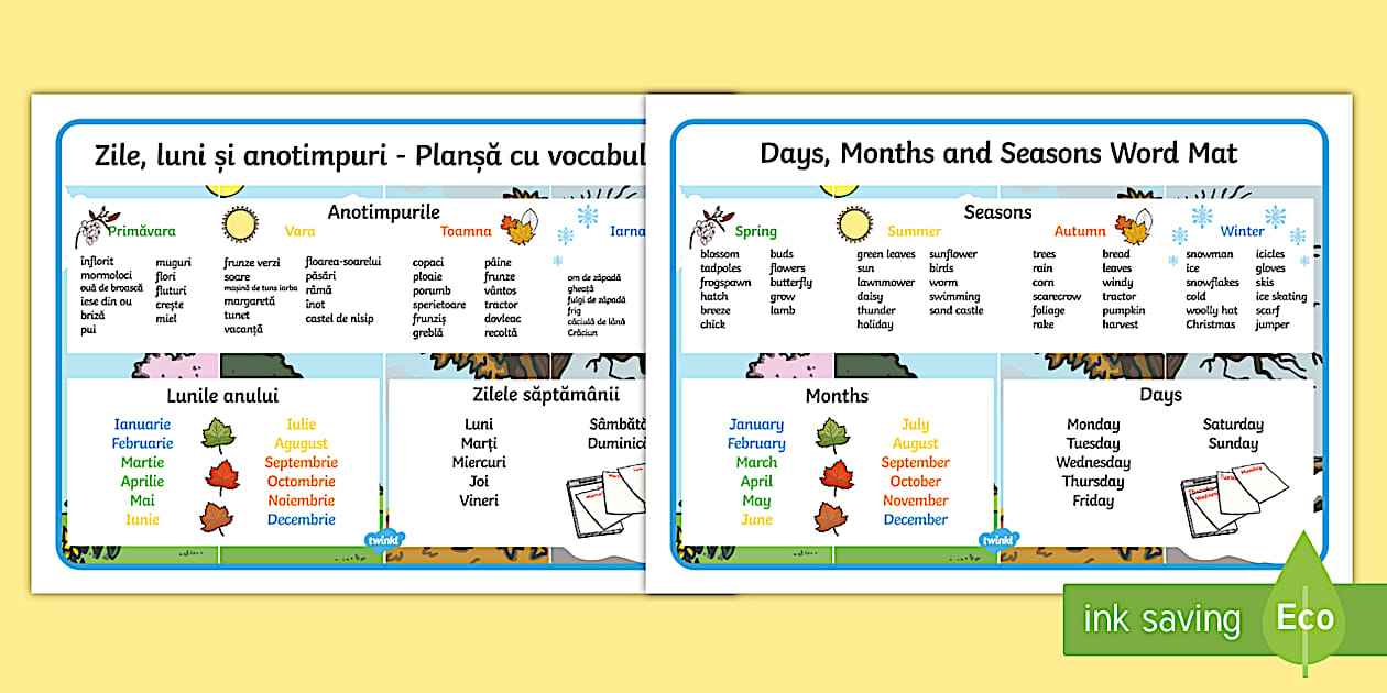 Days, Months and Seasons Word Mat Romanian/English - days, months, seasons,