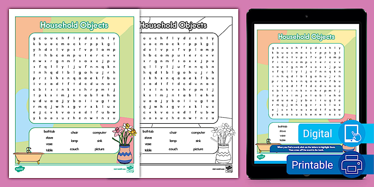 Household Objects Word Search for ELL (teacher made)