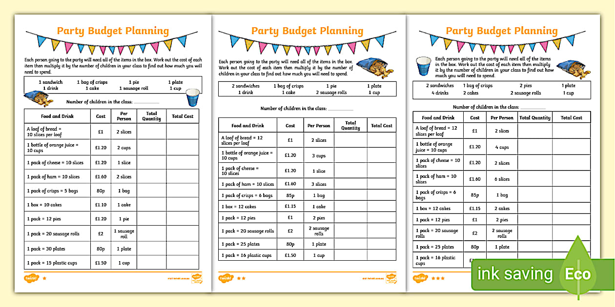Party Budget Planning (GBP) Activity Sheets