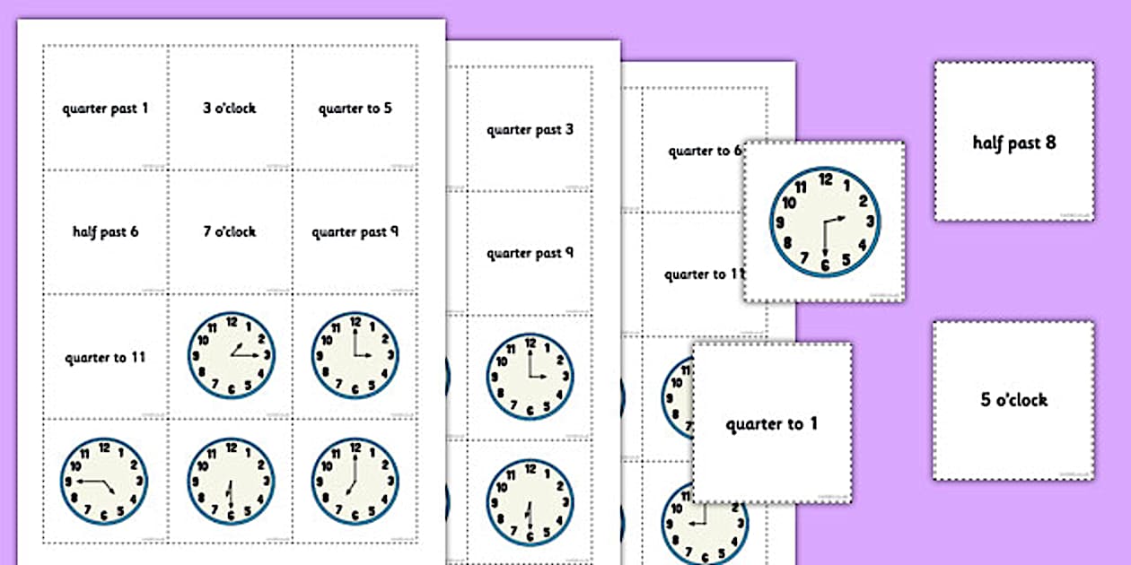 Telling the Time Words Analog Pelmanism Game: Hour, Half, Quarter
