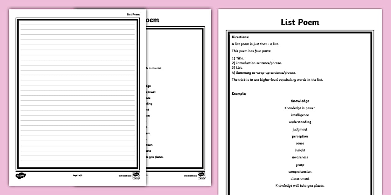 Eighth Grade List Poem Worksheet