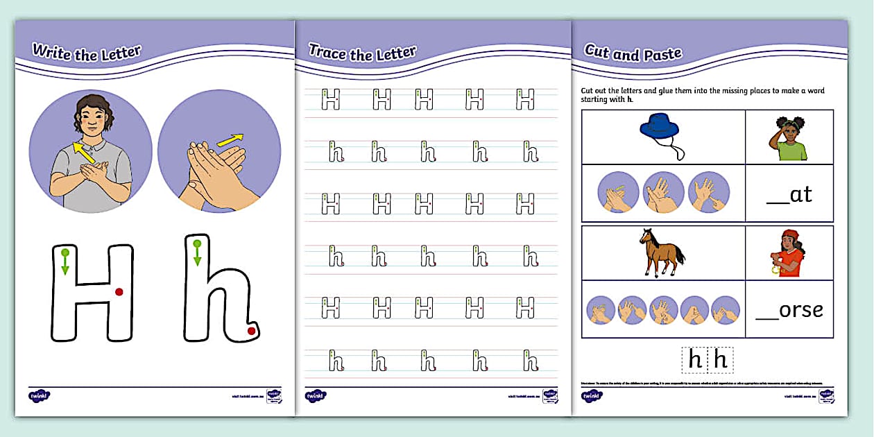Letter H Handwriting Worksheets with Auslan (Teacher-Made)