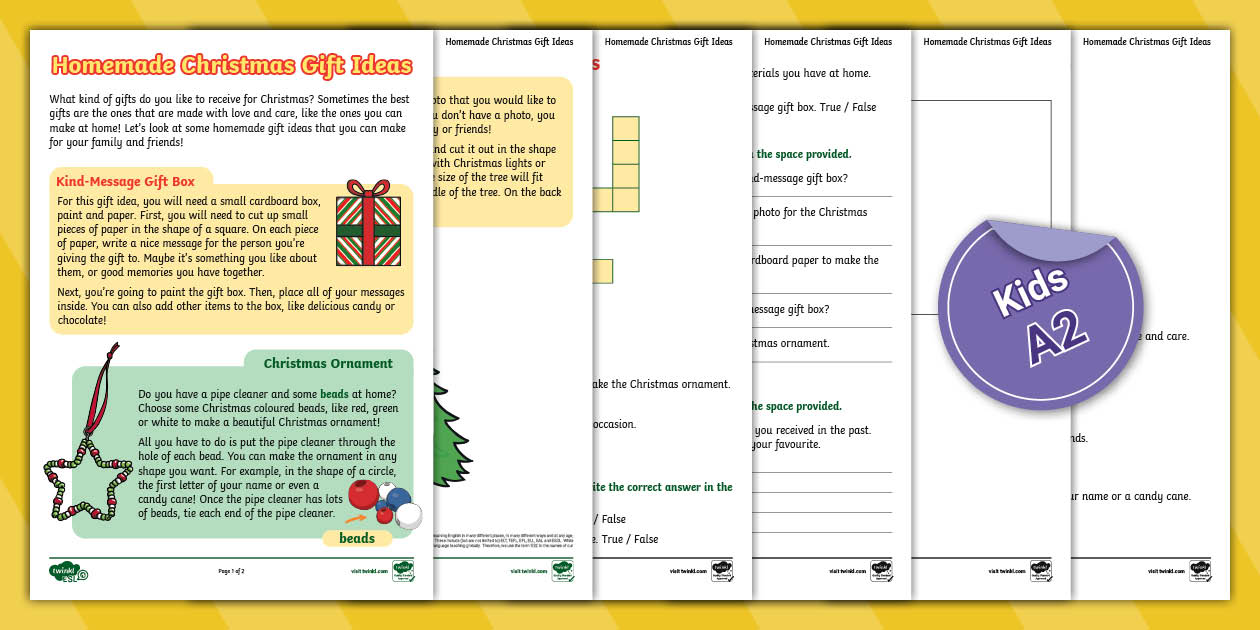 ESL Homemade Christmas Gift Ideas Reading Comprehension