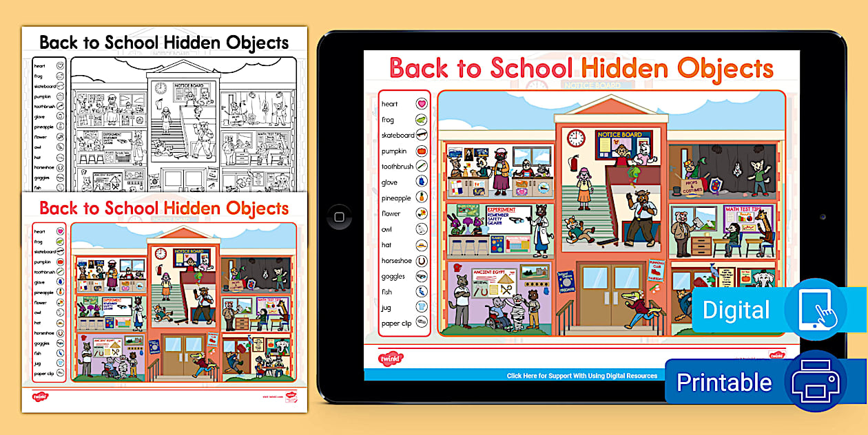 Back to School Hidden Objects Activity Worksheet - Twinkl