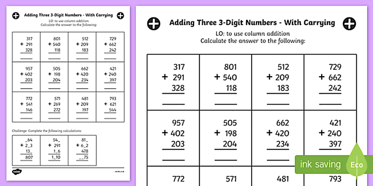 Adding Three 3 Digit Numbers in a Column with Carrying Worksheet Grade 3