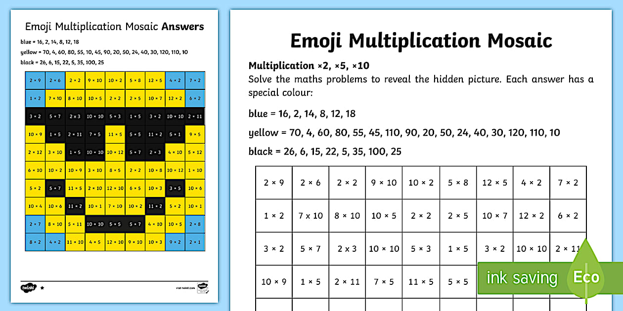 2, 5 and 10 Multiplication Mosaic Worksheet / Worksheet