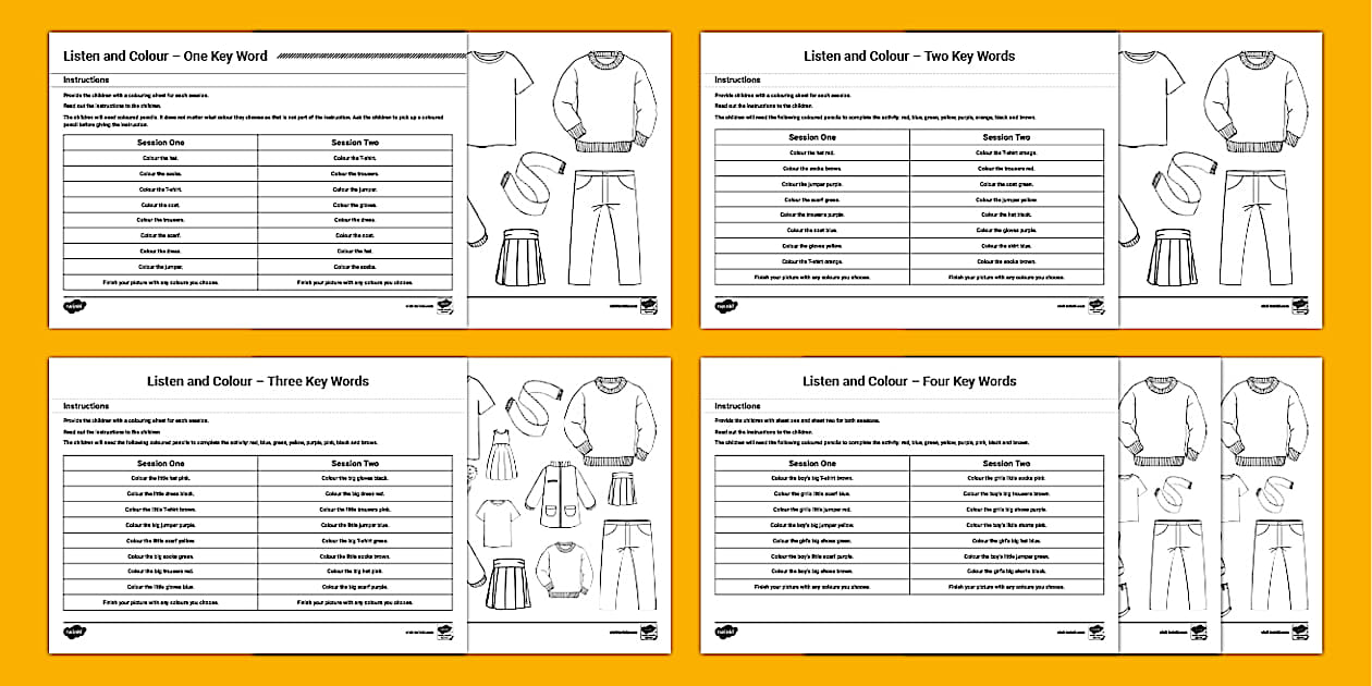 Clothes Listen and Colour Key Word Activity Pack - Twinkl