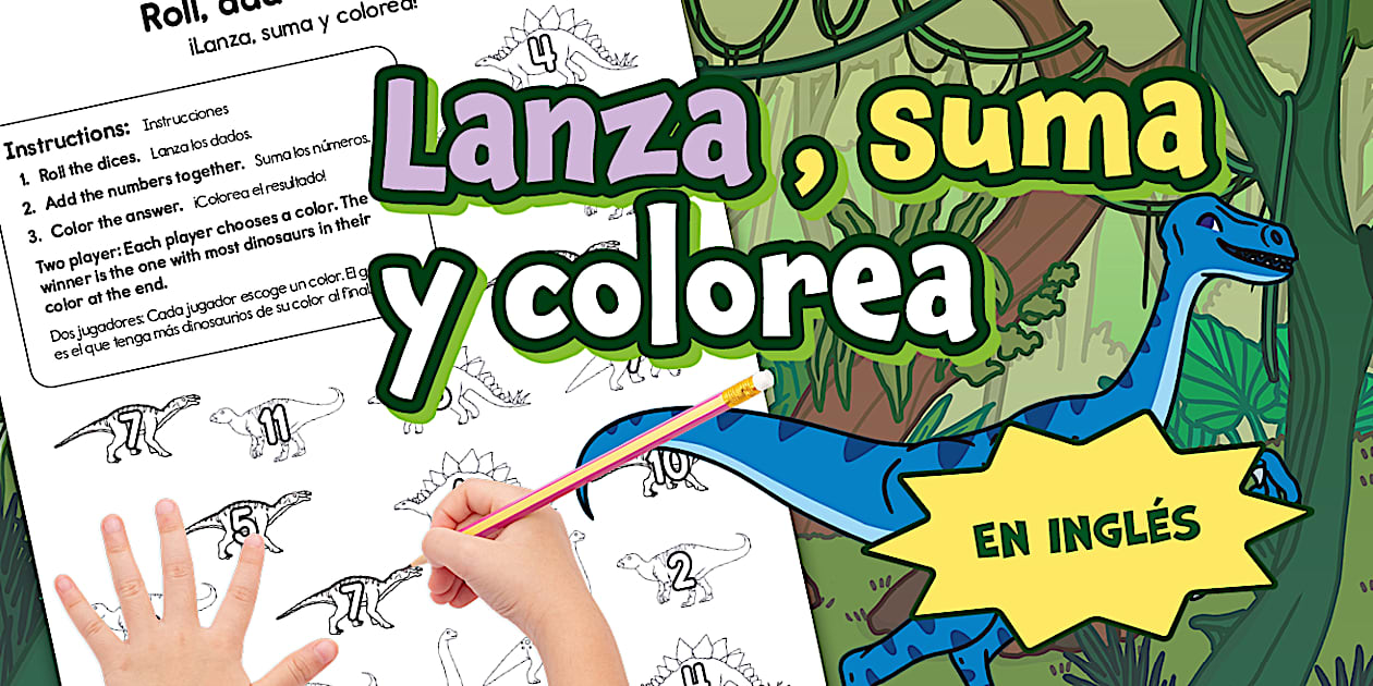 Dinosaur Color and Roll Worksheet - English/Spanish