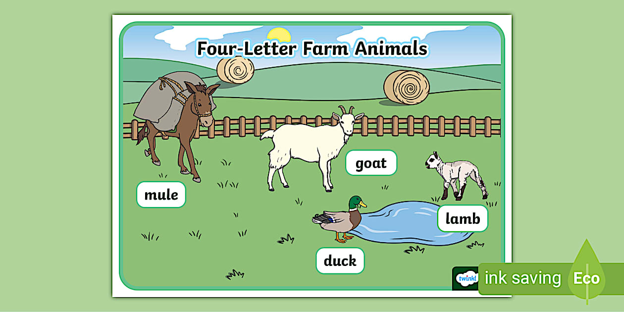 Farm Animals with Four Letters Display Poster - Twinkl