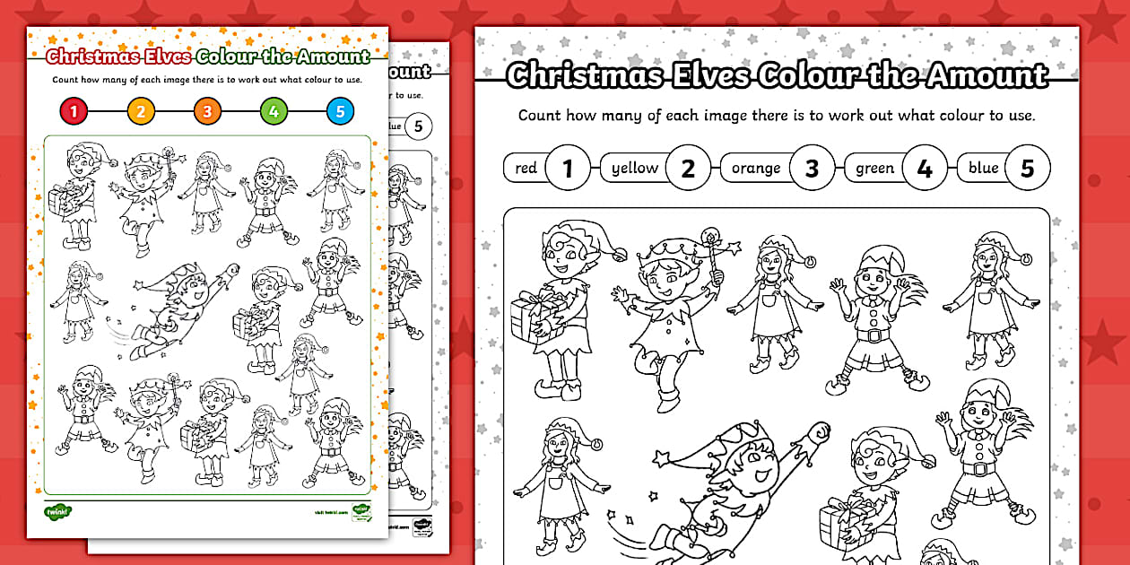 👉 Christmas Elves Colour the Amount Worksheet - Twinkl