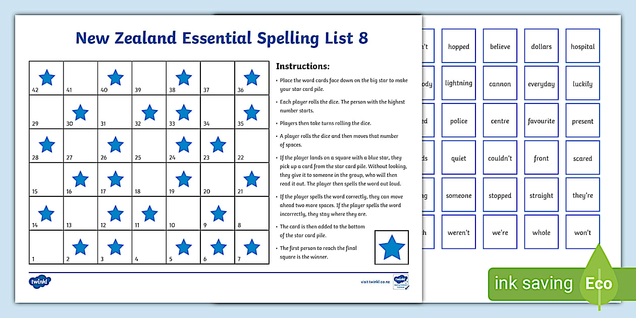 New Zealand Essential Spelling List 8 (Commonly Misspelt Words) Board Game