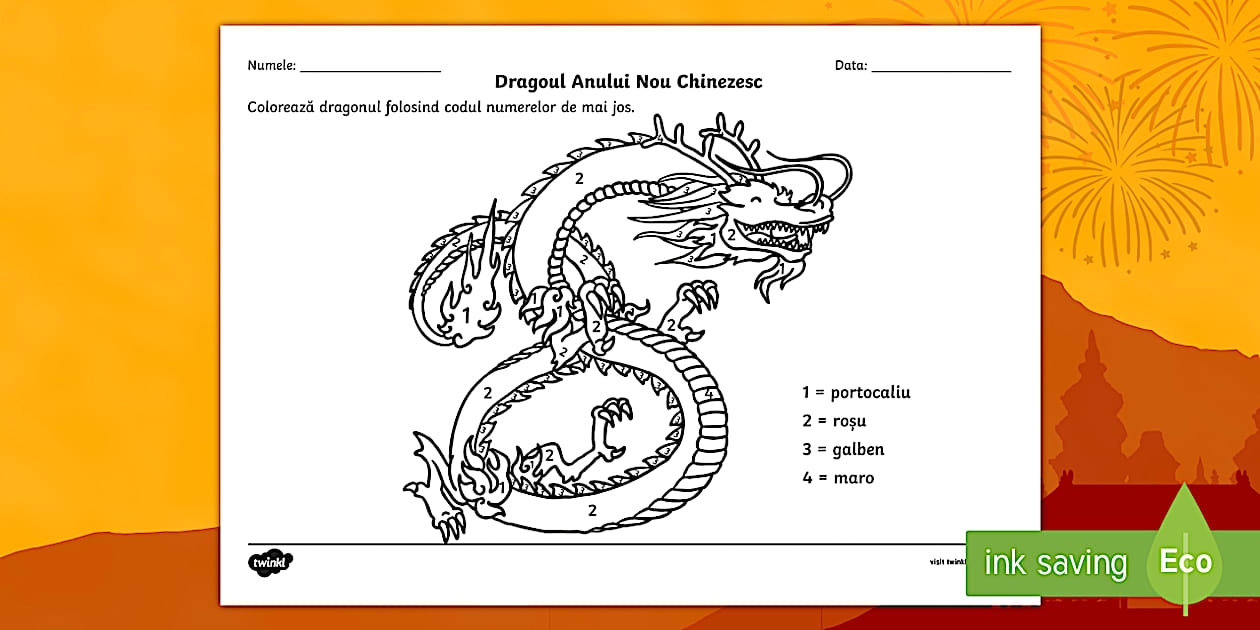 Dragonul chinezesc Colorează după codul numerelor - Twinkl