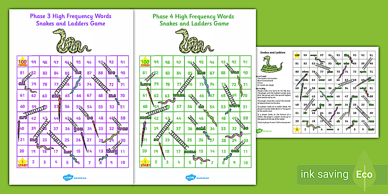 Phase 3, 4 & 5 Tricky Words Snakes and Ladders - Twinkl