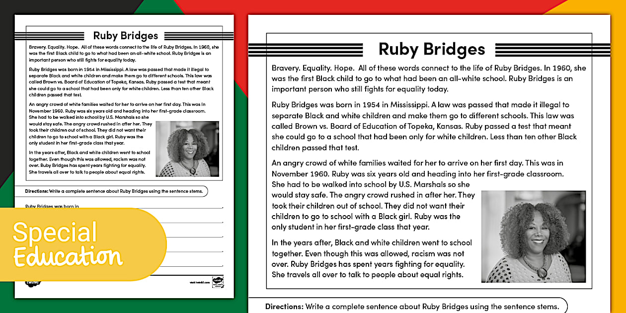 Ruby Bridges Writing Worksheet for Special Education