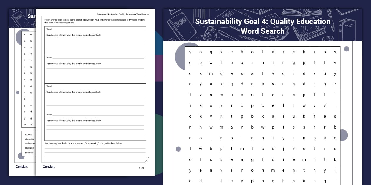 Sustainability Goal 4: Quality Education Word Search