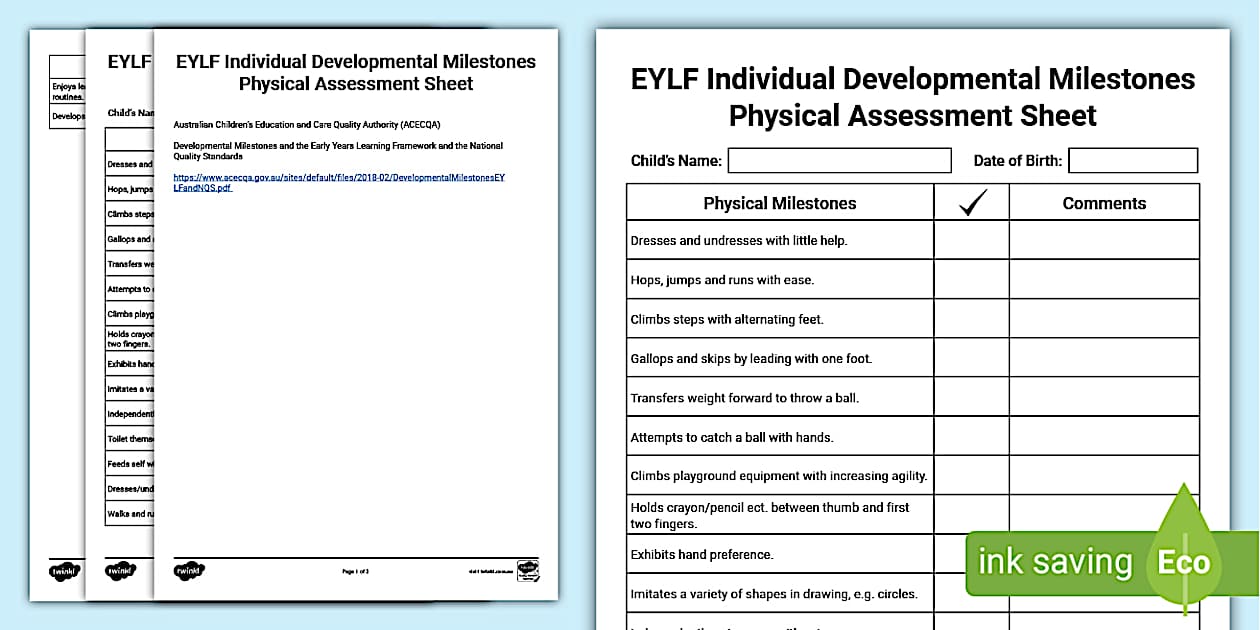 EYLF Individual Developmental Milestones Physical Assessment Sheet