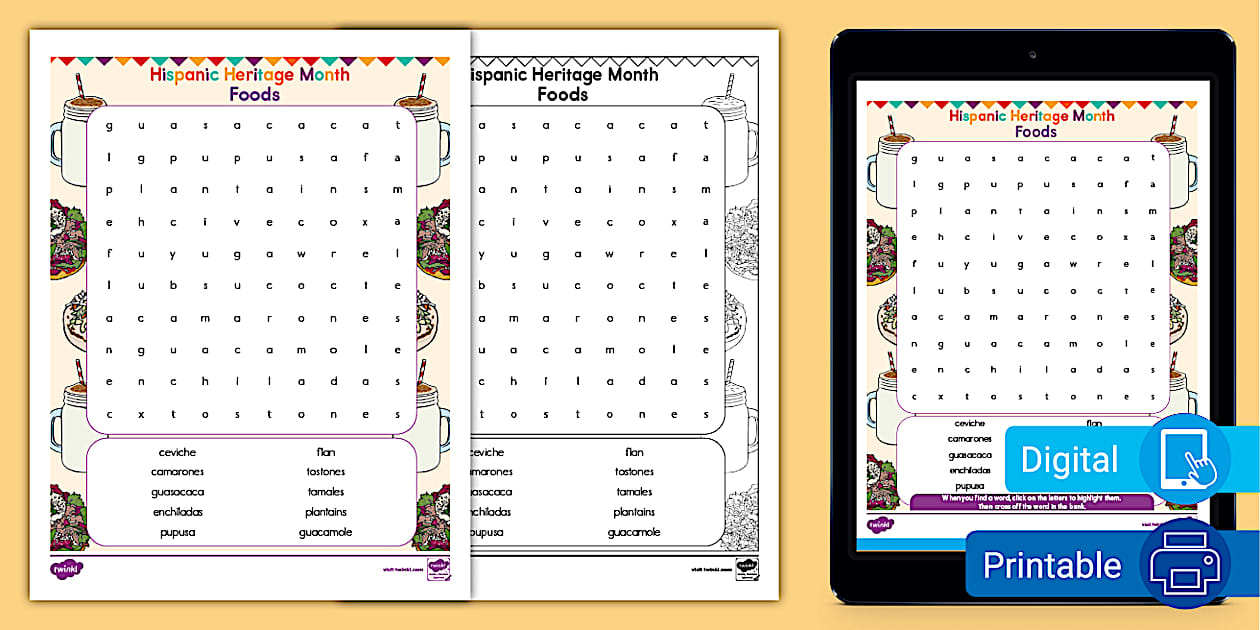 Hispanic Heritage Month Foods Word Search for K-2nd Grade