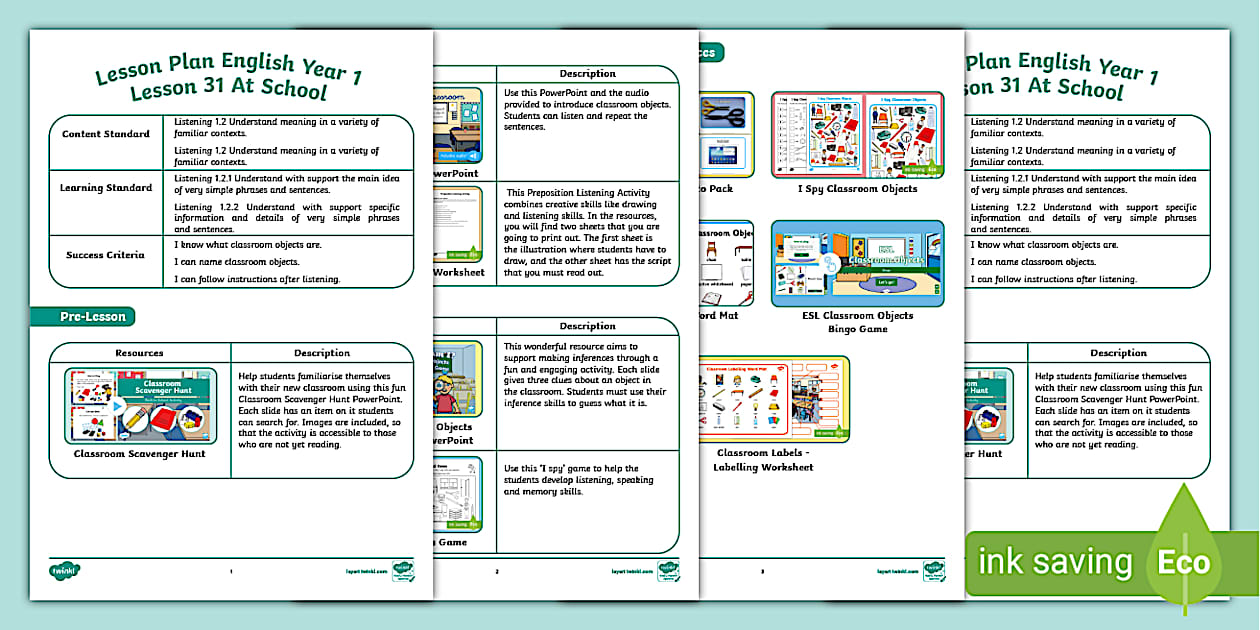 Lesson Plan English Year 1 Lesson 31 At School - Twinkl