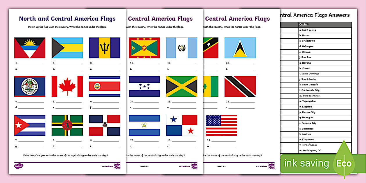 Flags of North and Central America Worksheet - Twinkl