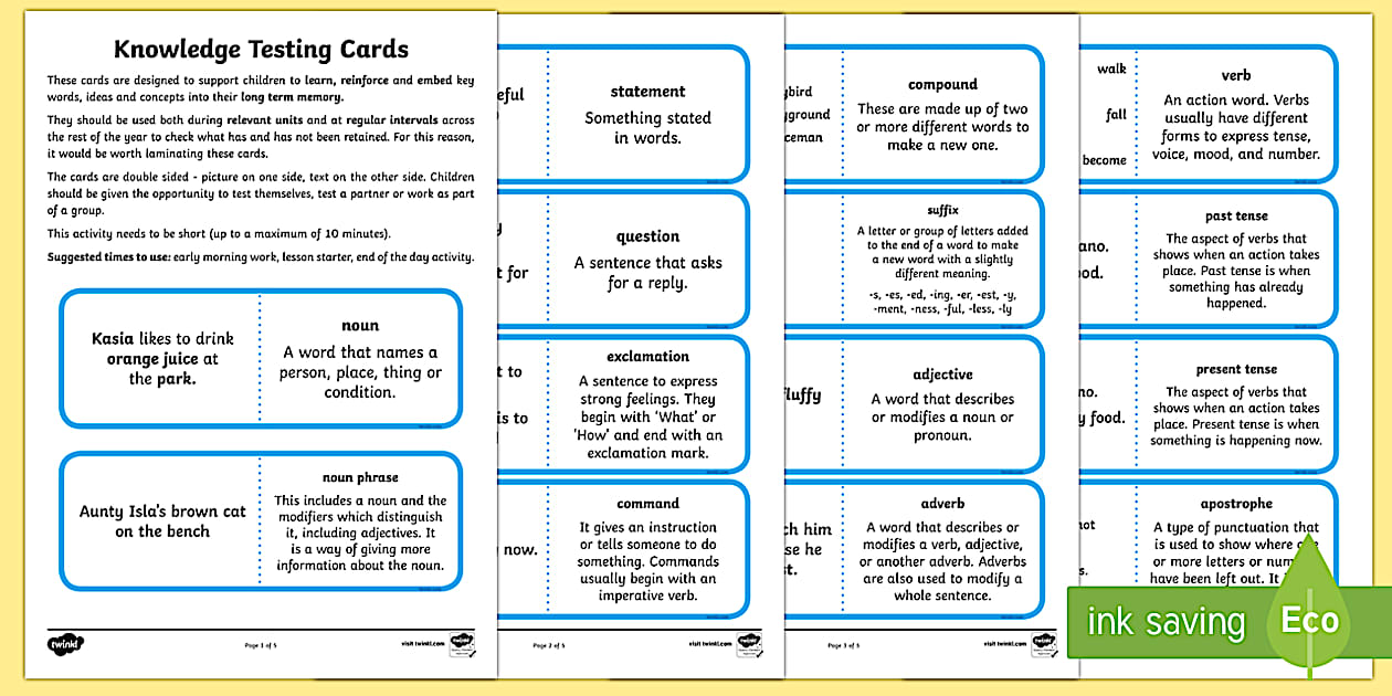 Knowledge Testing Cards | Year 2 Terminology | Literacy