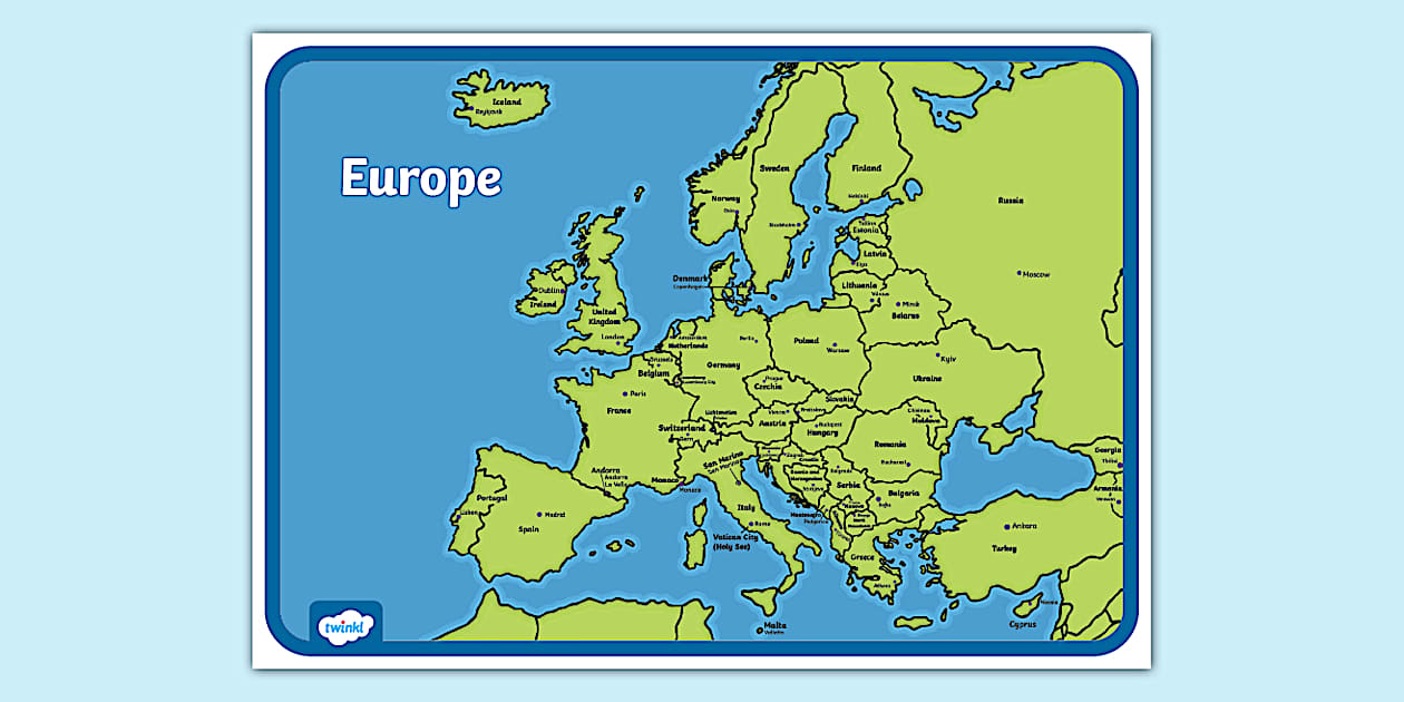 Map of Europe with Names (teacher made) - Twinkl