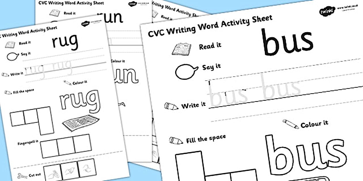 CVC Writing Word Worksheet / Worksheet Pack 'u' with British Sign Language,