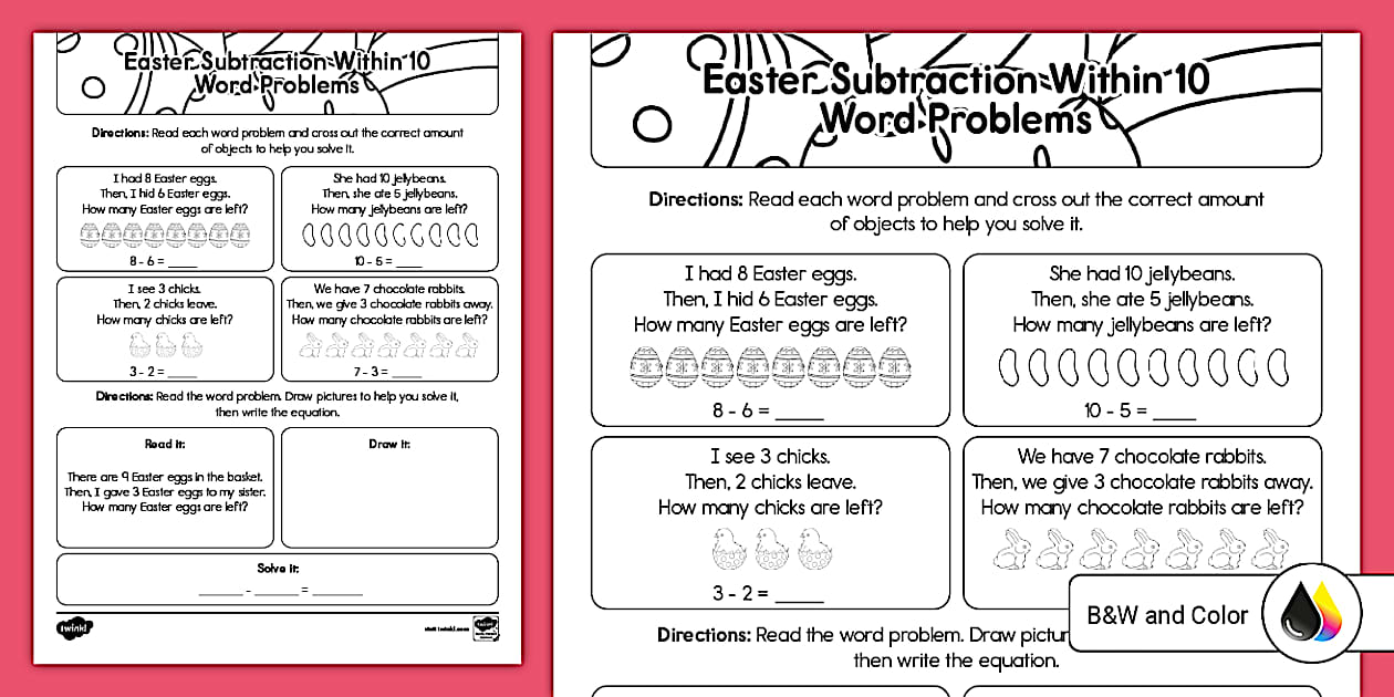 Easter Subtraction Within 10 Word Problems Worksheet