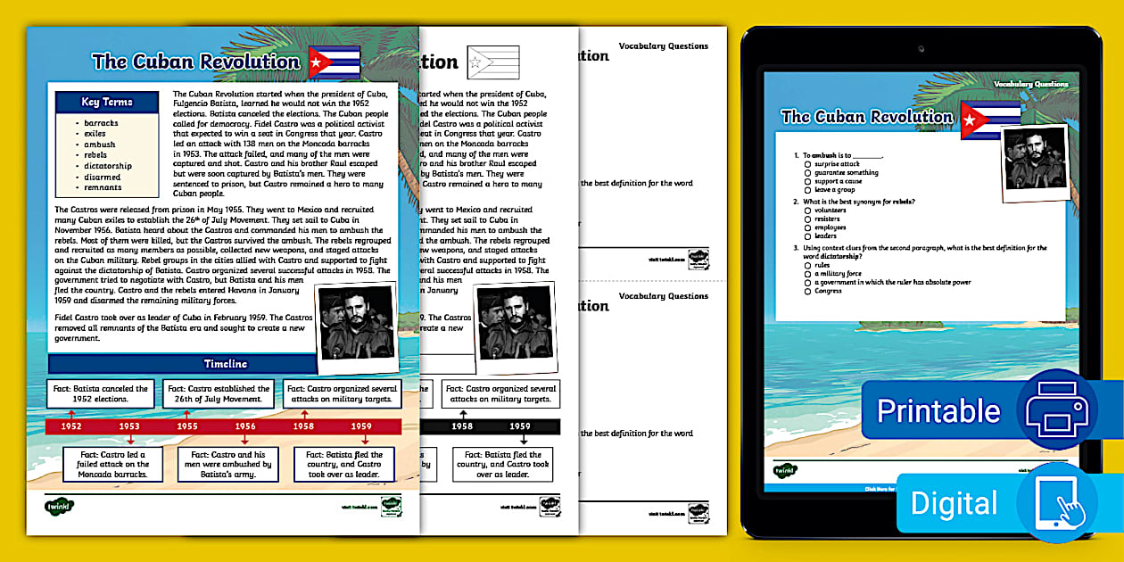 Sixth Grade Cuban Revolution Fact File and Vocab Questions