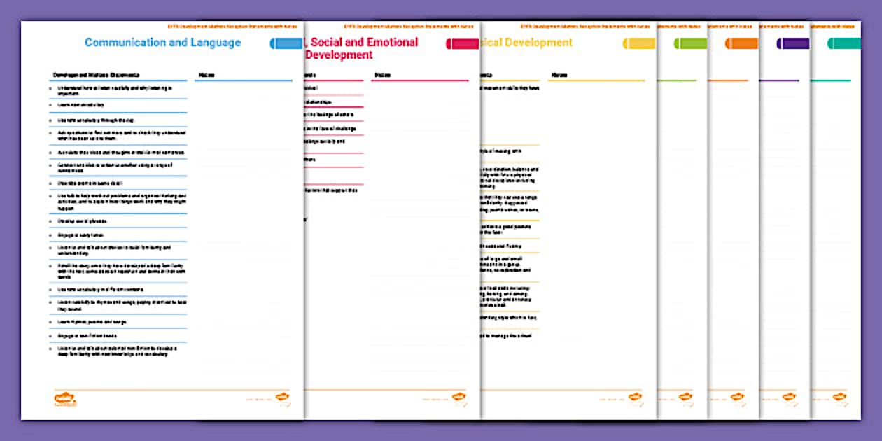 EYFS Development Matters Reception Statements with Notes