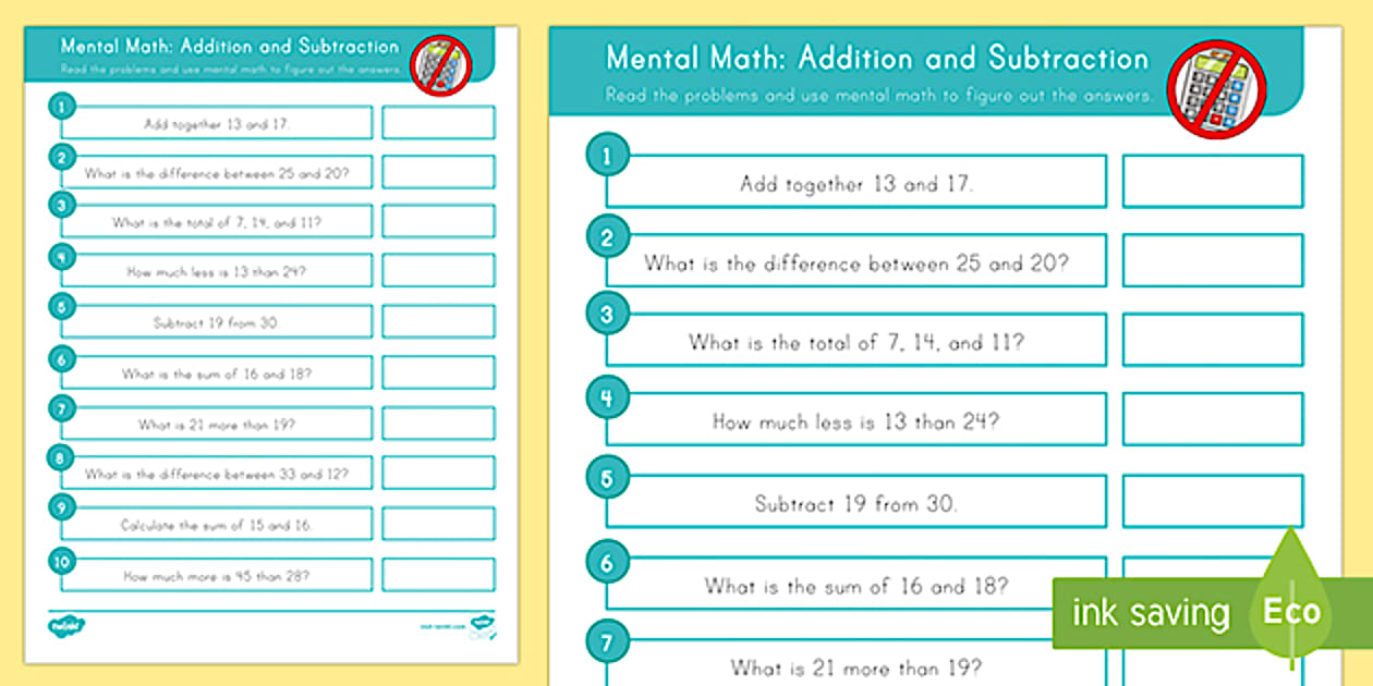 Mental Math: Addition and Subtraction Worksheet - Twinkl