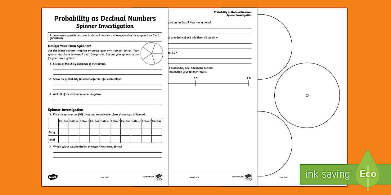 Probability as Decimal Numbers Spinner Investigation Activity