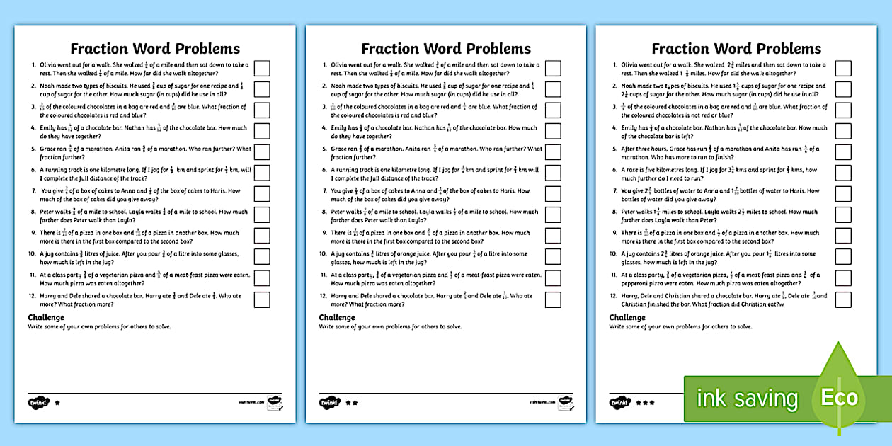Upper Primary Fraction Word Problems Differentiated Worksheet ...