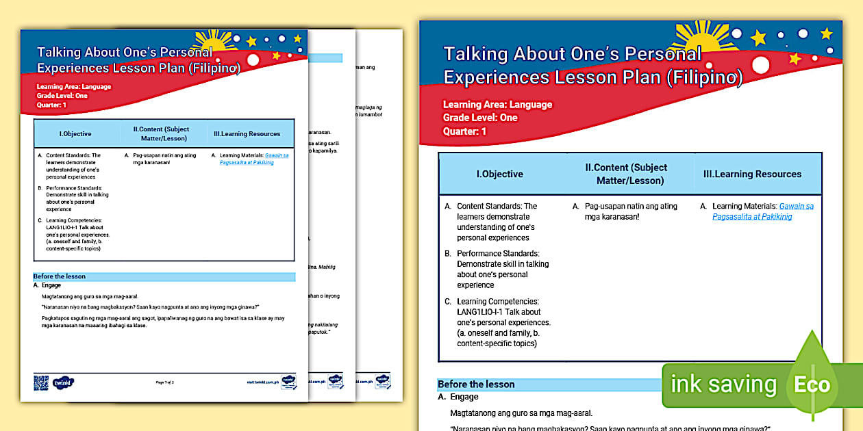 Talking About One's Personal Experiences Lesson Plan (Filipino) | Twinkl