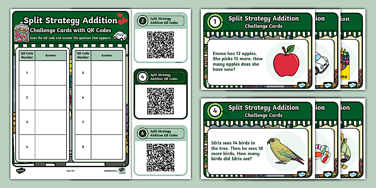 Split Strategy Addition Challenge Cards with QR codes